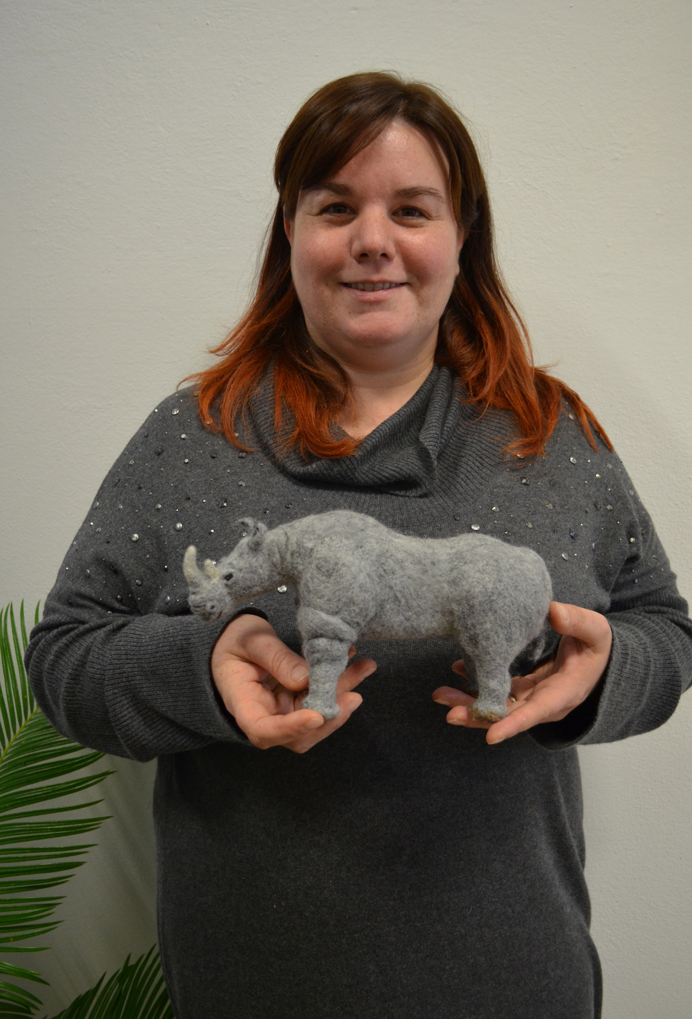 Giulia Fontanesi ("Giulia Lady-bug") with her needle-felt rhinoceros ...